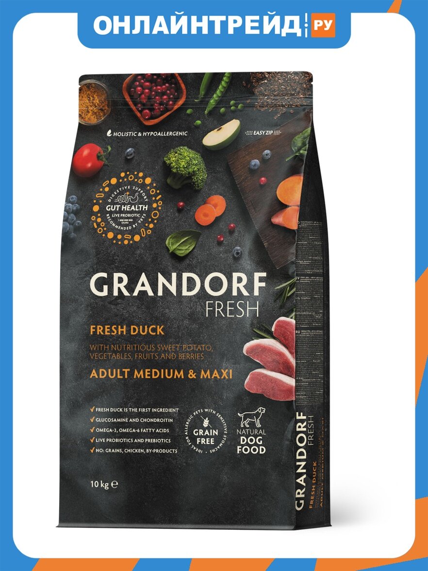 Корм сухой Grandorf Fresh , беззерновой с живыми пробиотиками, свежее мясо утки с бататом для собак средних и крупных пород, 10 кг