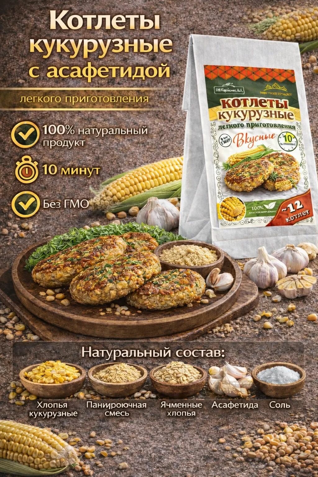 Котлеты из белой кукурузы с асафетидой и специями 3 шт по 230гр. Вкусное Дело.