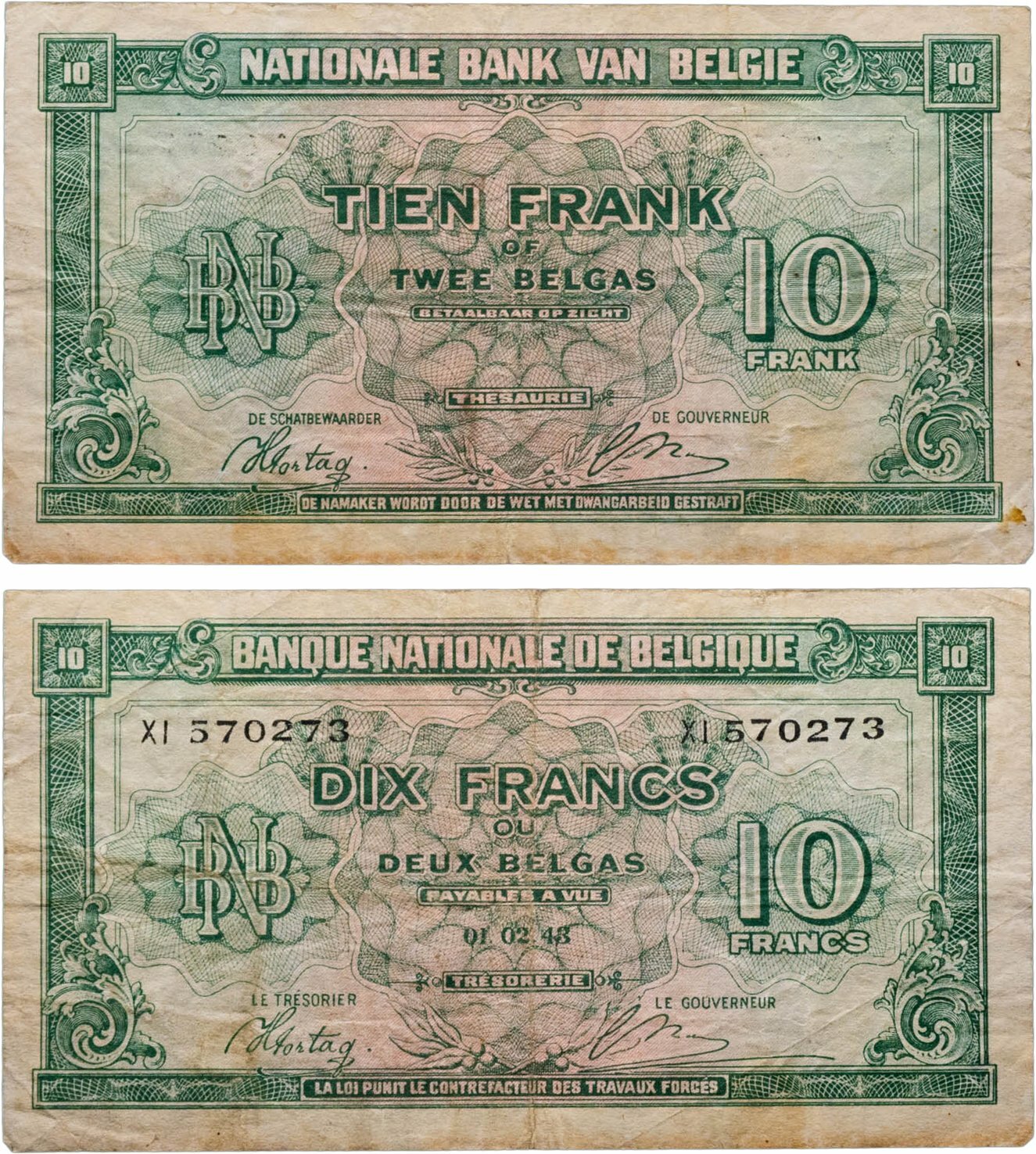 Бельгия 10 франков 1943