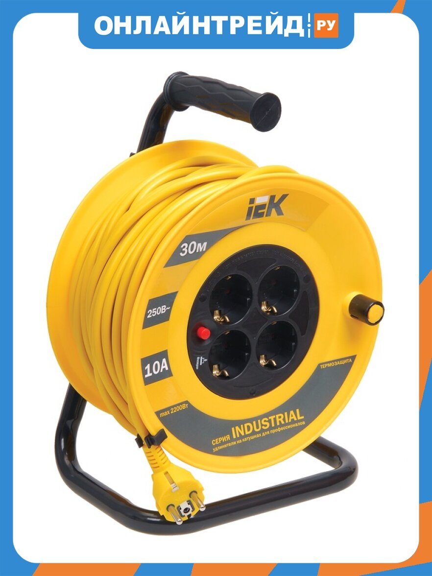 Удлинитель силовой на катушке Iek УК30 с т/з 4 места 2P+PE/30м 3х1,0 мм2 "Industrial", WKP14-10-04-30