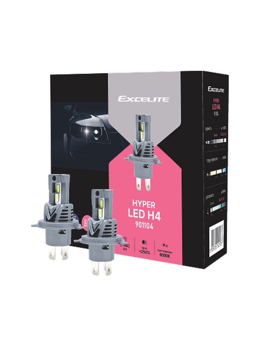 Лампа автомобильная Excelite LED Hyper H4 P43t +250% 6000K 12V, 2шт, EX-901104 (Корея)