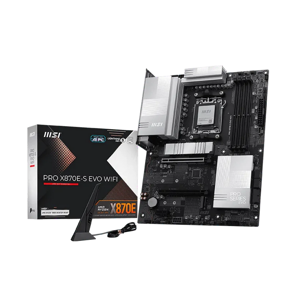 Материнская плата MSI PRO X870E-S EVO WIFI X870E, AM5, 4*DDR5, 2*PCIEx16, 1*PCIEx1, 3*M.2, 2*TypeC, 2*USB3.2Gen2, 6*USB3.2Gen1, 10*USB2.0, 4*SATA3.0, 5G, 1*Type-C(DP), HDMI, ATX, RTL
