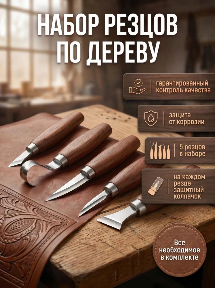 Набор резцов по дереву 5 шт, в чехле. Стамески для фигурной резки