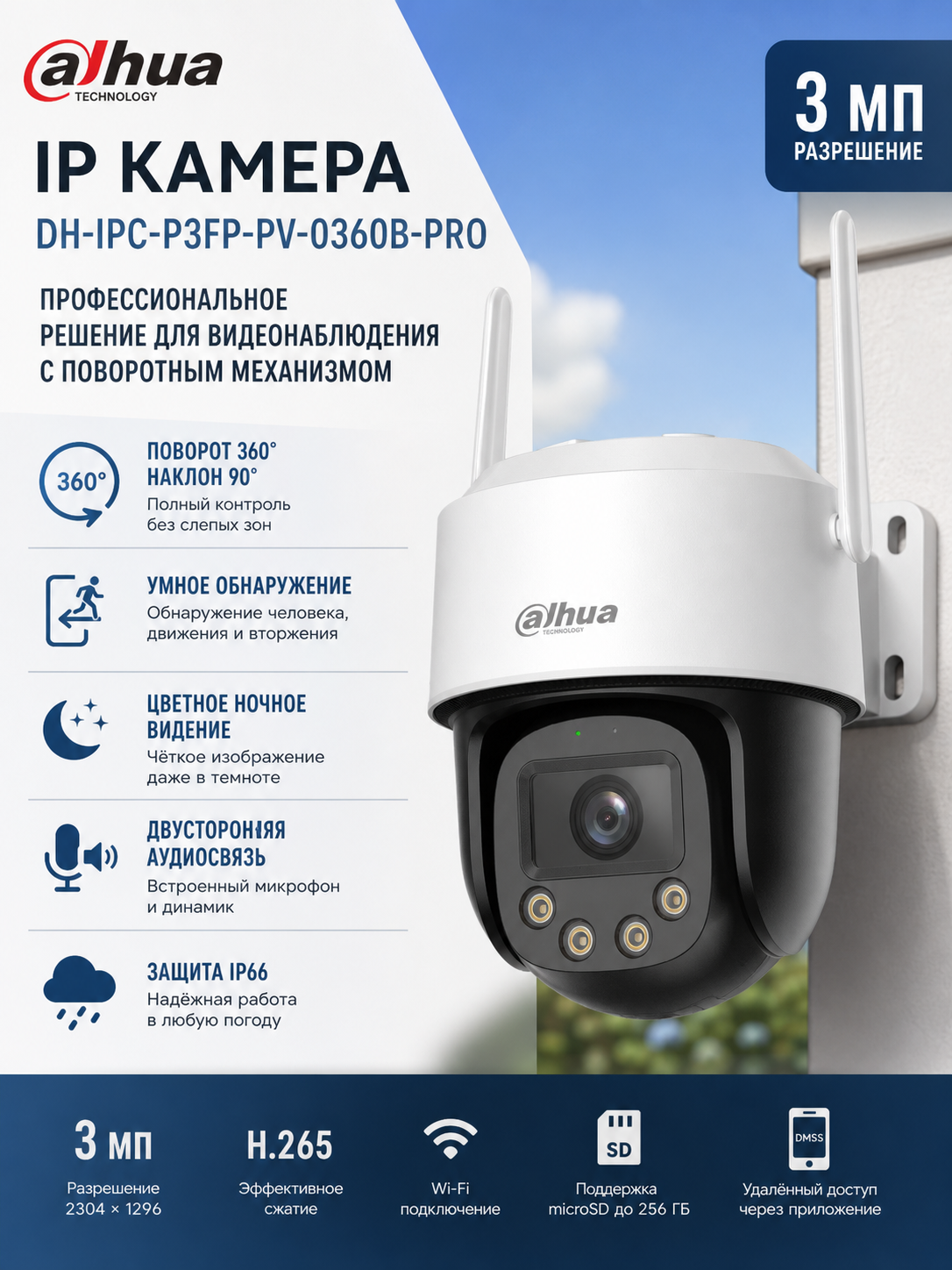 Камера IP Dahua Dahua DH-IP-P3-PV, Wi-Fi, 3 Мп, ночная ИК-подсветка