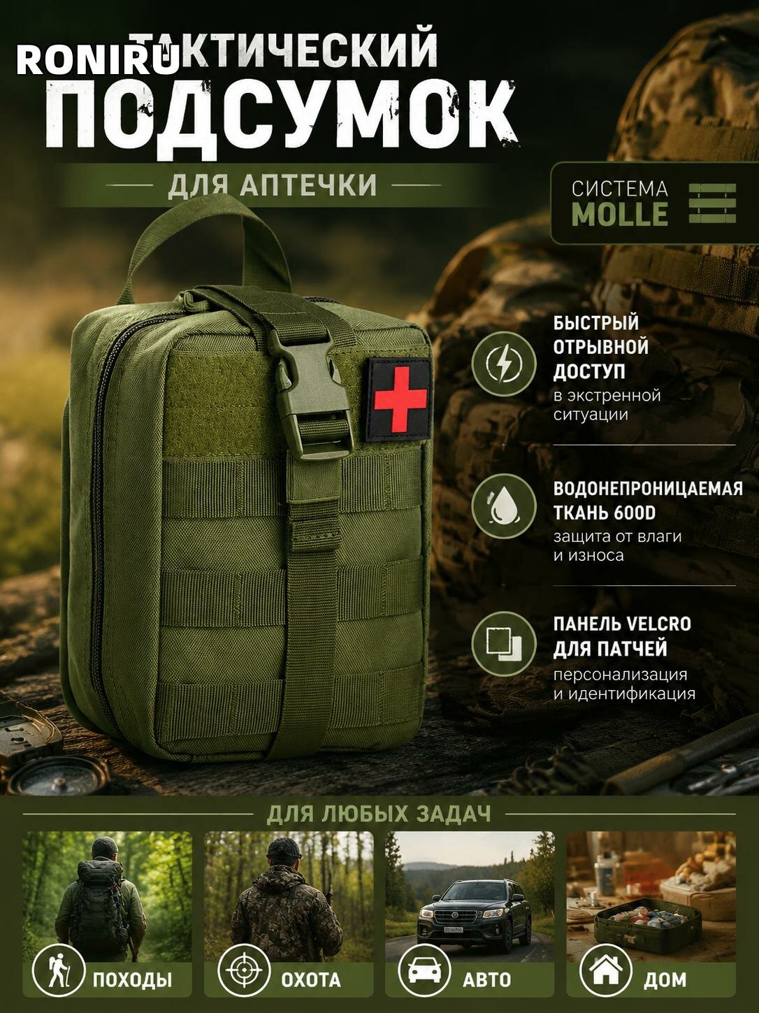 Тактический подсумок для аптечки с MOLLE и быстрым отрывным доступом — для походов, охоты, авто и дома с велкро