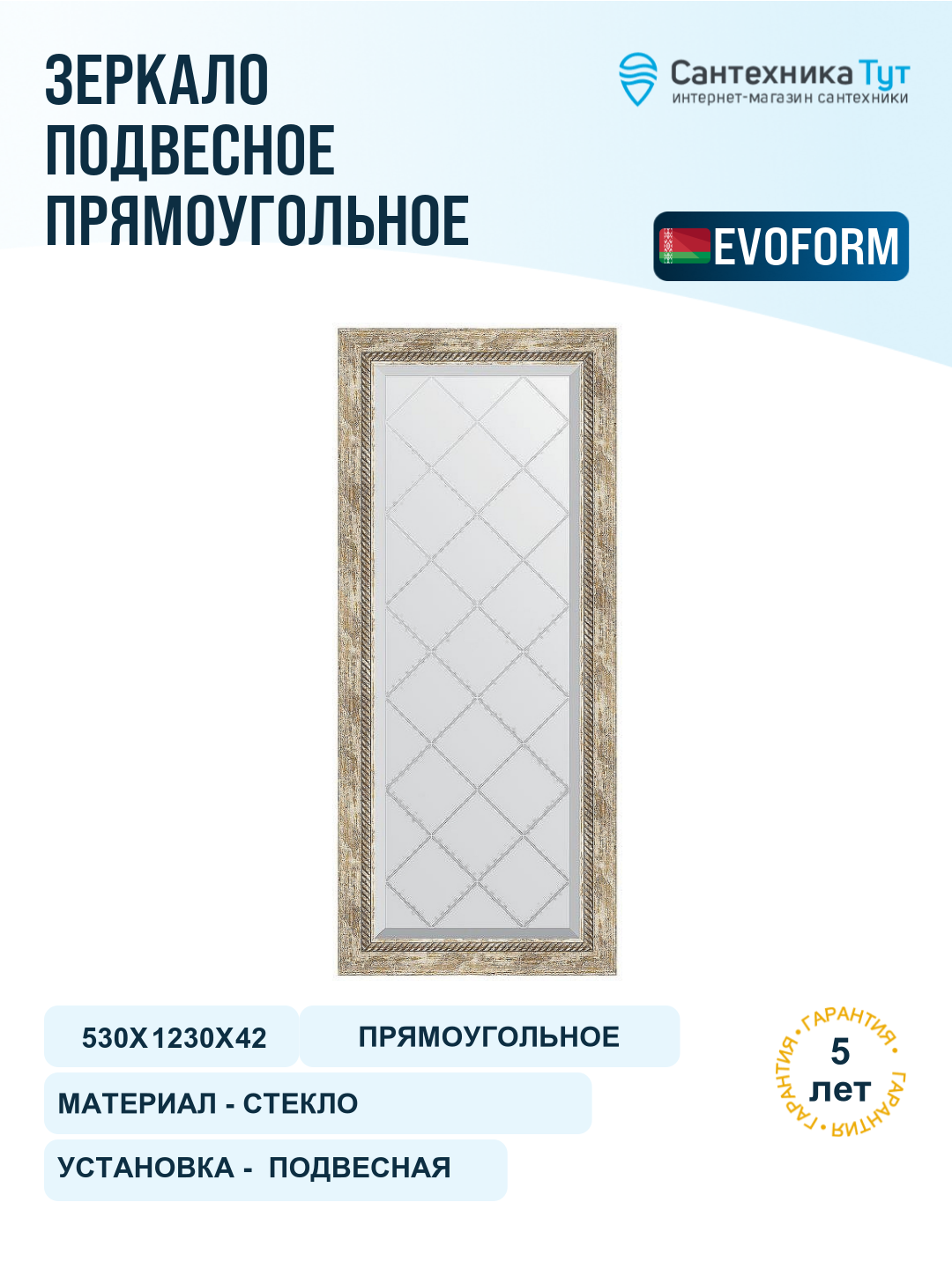 Зеркало Evoform Exclusive-G 123х53 BY 4048 с гравировкой в багетной раме - Прованс с плетением 70 мм