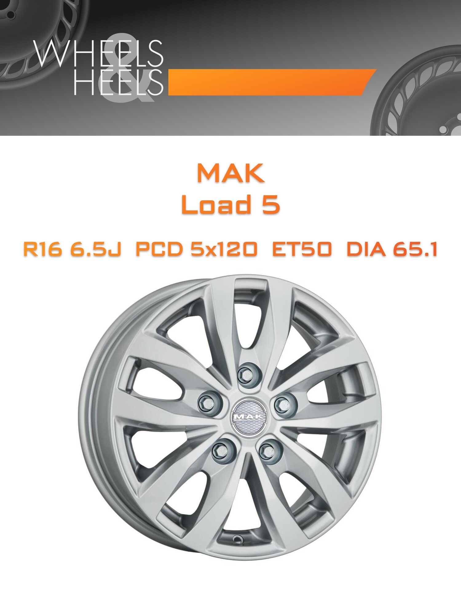 Диск автомобильный литой MAK Load 5 16x6.5 5x120 et50 dia65.1 Серебристый