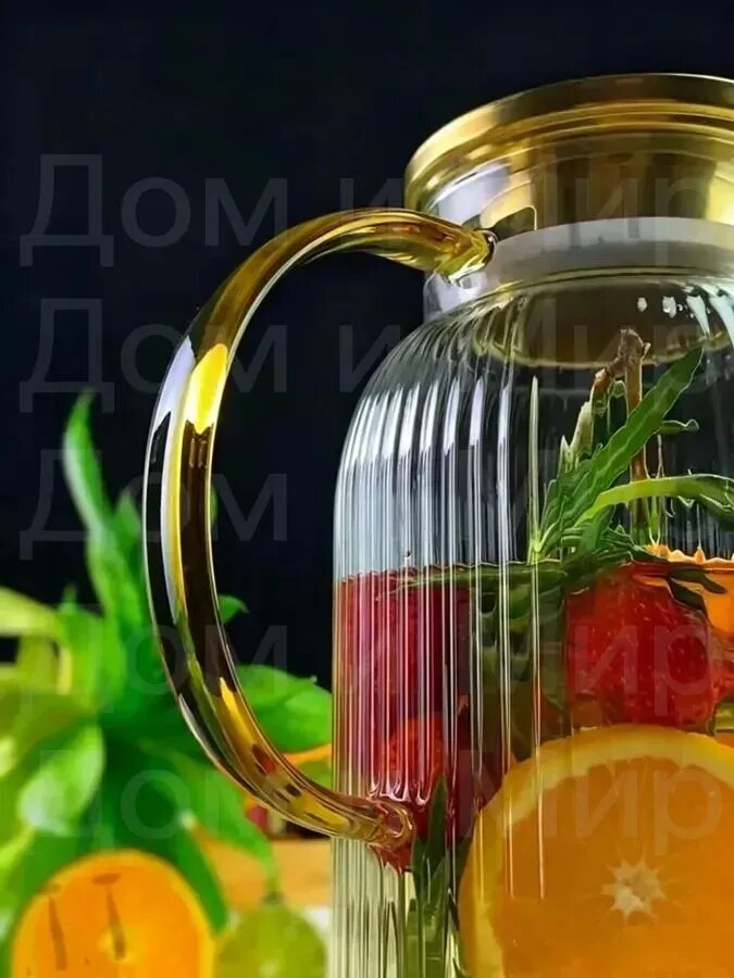 Кувшин Мир Кувшин, 2000 мл, стеклянный, с крышкой-фильтром, для холодных и горячих напитков, золотой — фото 1
