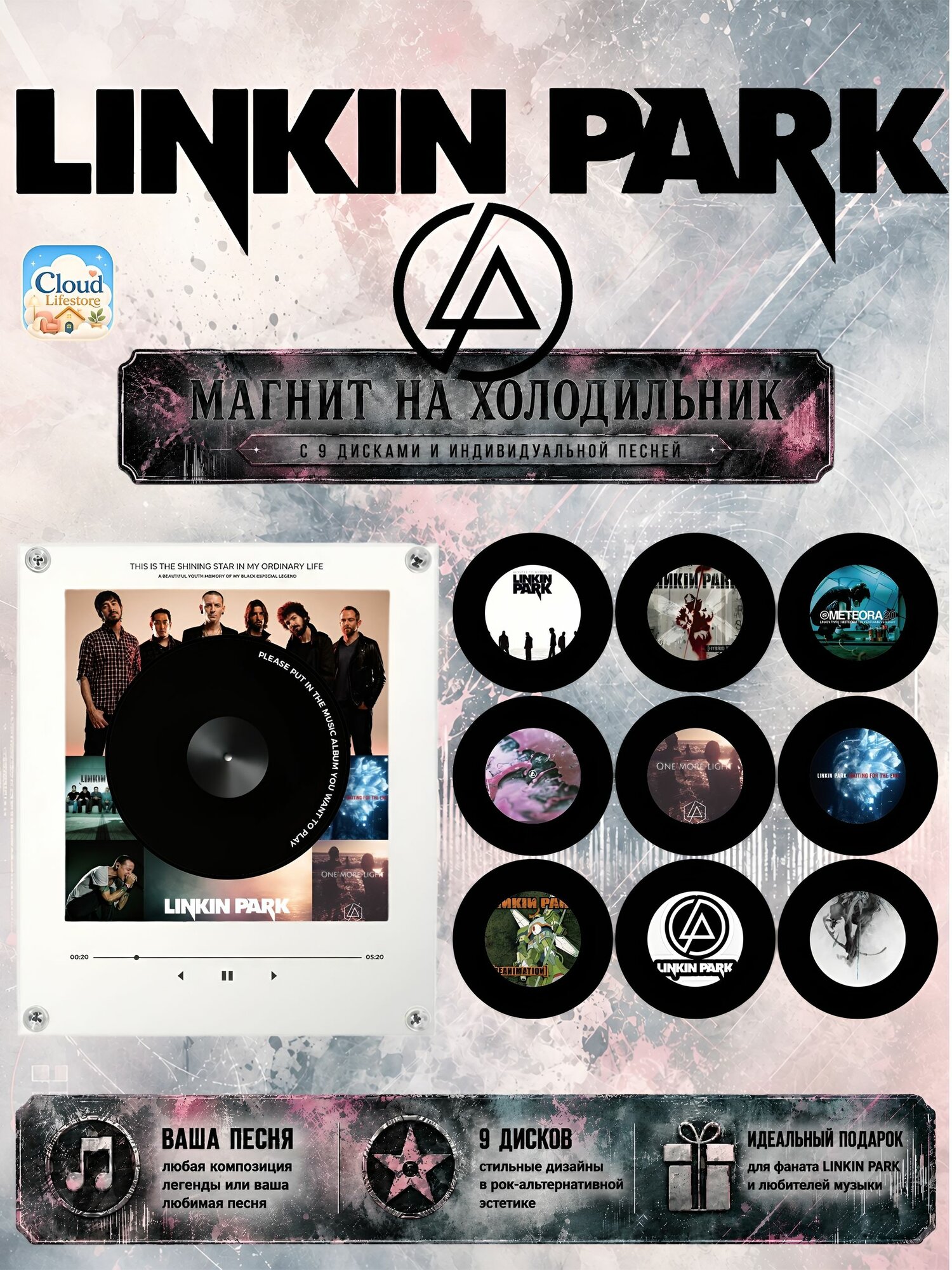 Магнит на холодильник с 9 дисками и индивидуальной песней_Linkin Park