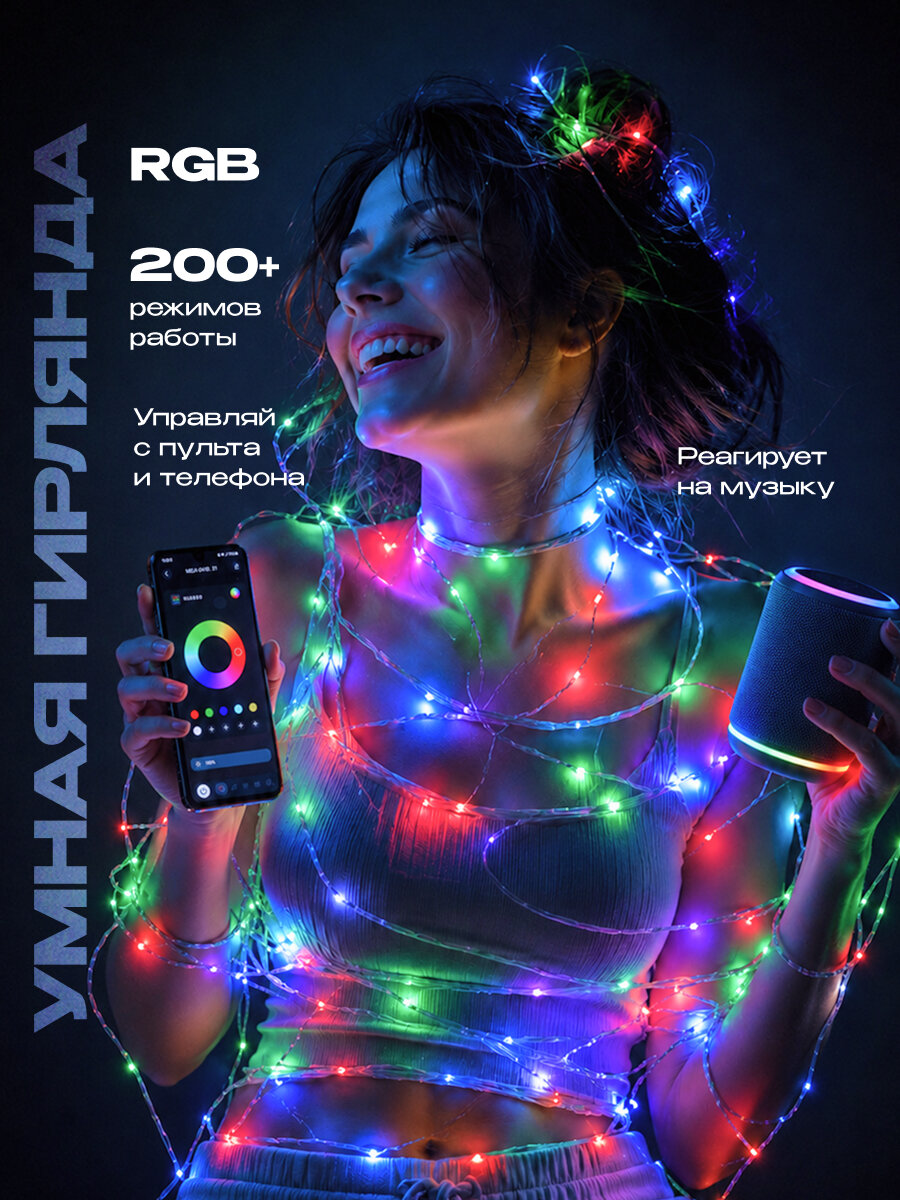 MILED Светодиодная "Умная" лента, 10м, 100 ламп RGB, IP44,16млн цветов, пульт, Bluetooth, APP, НУ-9799