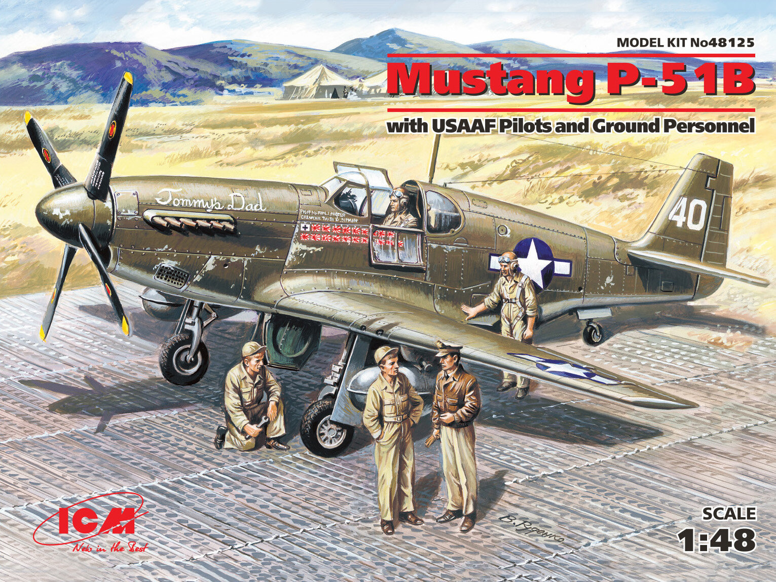 Сборная модель ICM 1/48 Американский истребитель Второй мировой войны Мустанг P-51B с пилотами и техниками (48125)