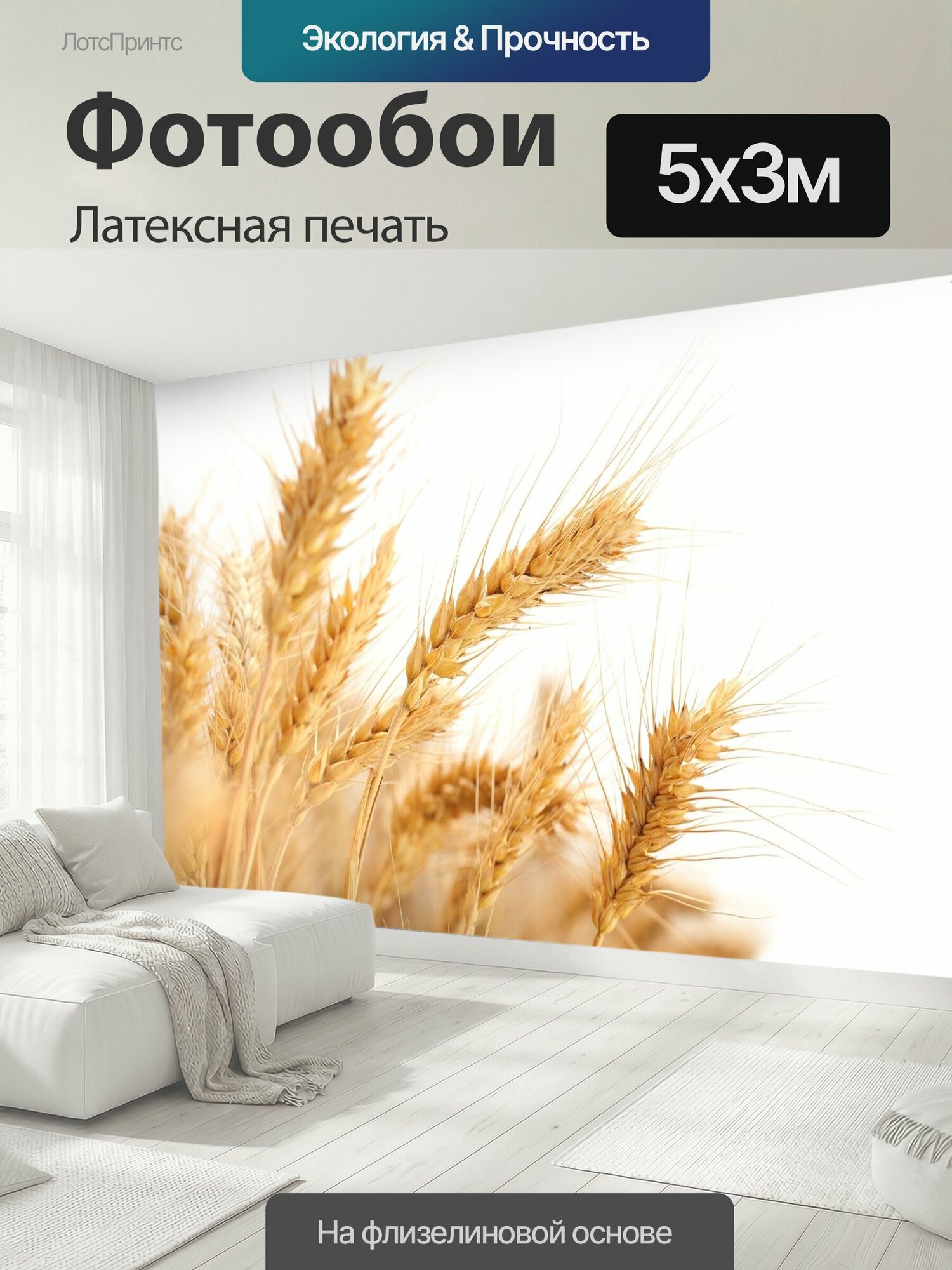 Фотообои моющиеся ударопрочные "Колосья пшеницы, пшеничное поле, пшеница" 500x300 см. латексная печать