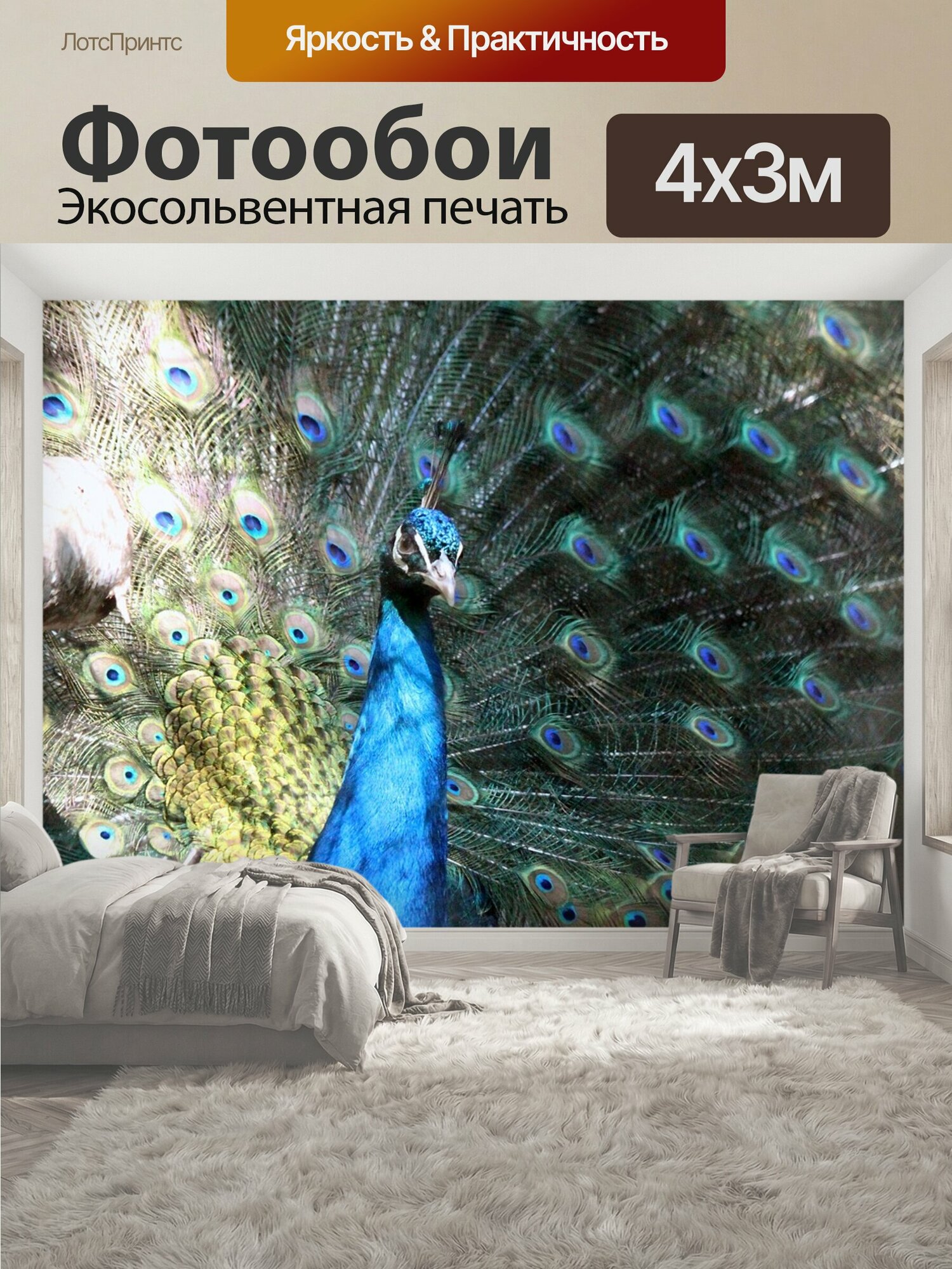 Фотообои "Павлин, хвост павлина, синяя птица" 400x300 см. экосольвентная печать
