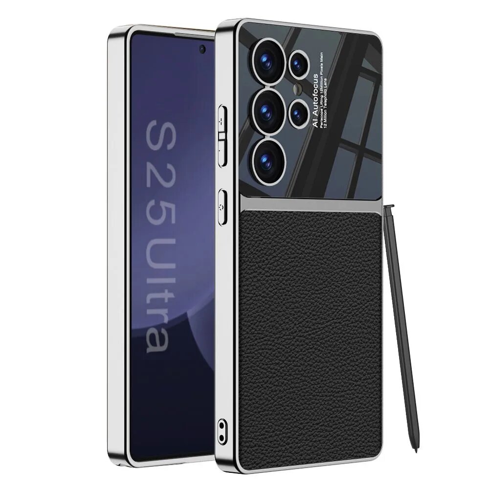 Чехол для Samsung S26 Ultra, кожаный с металлизированным покрытием, полная защита от ударов