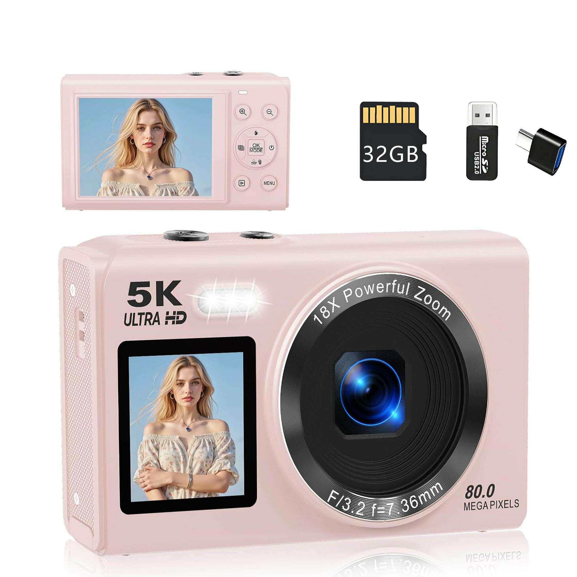 5K Ultra HD Цифровая камера 80 МП с двойным экраном, WiFi, 18X зум, автофокус, режим веб-камеры, для влогов и селфи