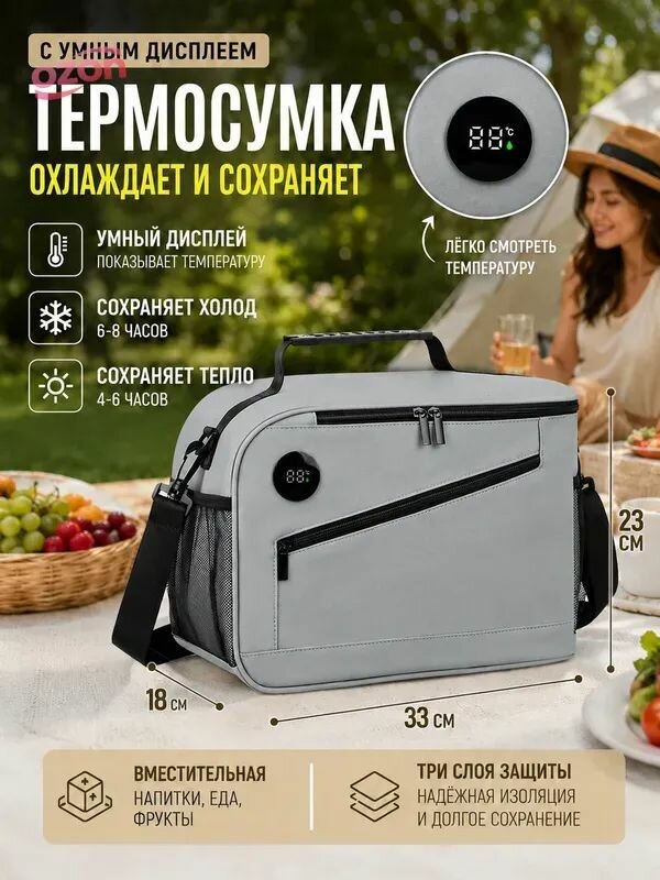 Термосумка с дисплеем температуры, умный ланч-бэг для еды, до 12 часов, для пикника/работы/путешествий, 33x18x23 см