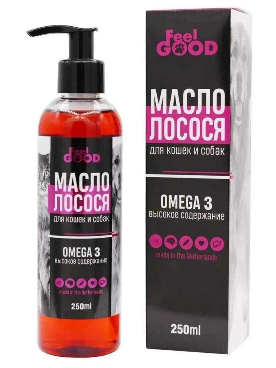 FeelGOOD Витамины для живоных для кошек и собак Масло лососевое Омега 3, фл. 250 мл