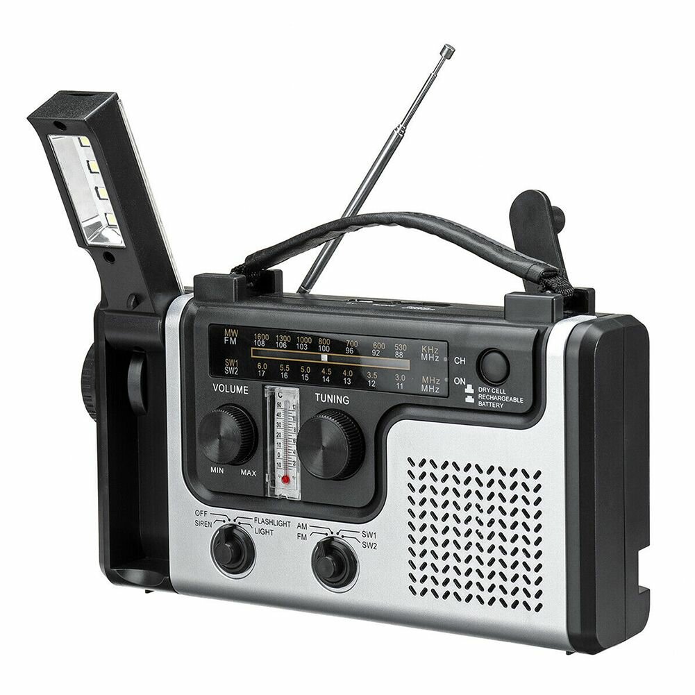 Солнечный и ручной радиоприёмник AM/FM/SW1/SW2 с фонарём, светодиодной лампой и функцией внешнего аккумулятора