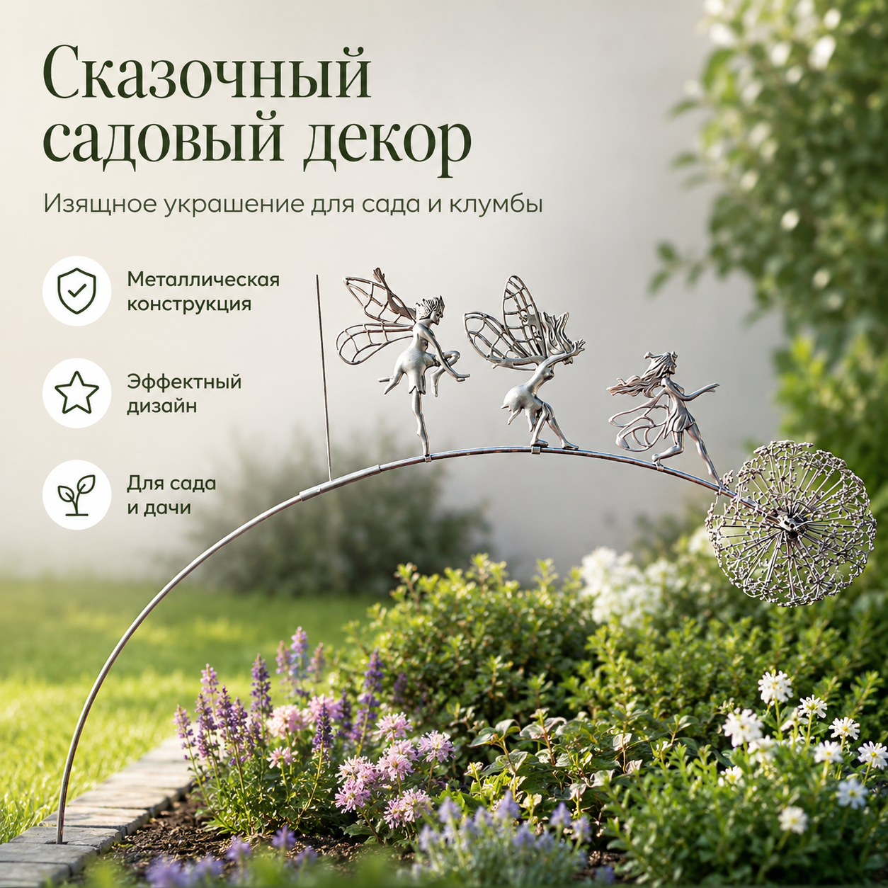 Металлический садовый декор феи на одуванчике для украшения дачного участка и цветочных клумб