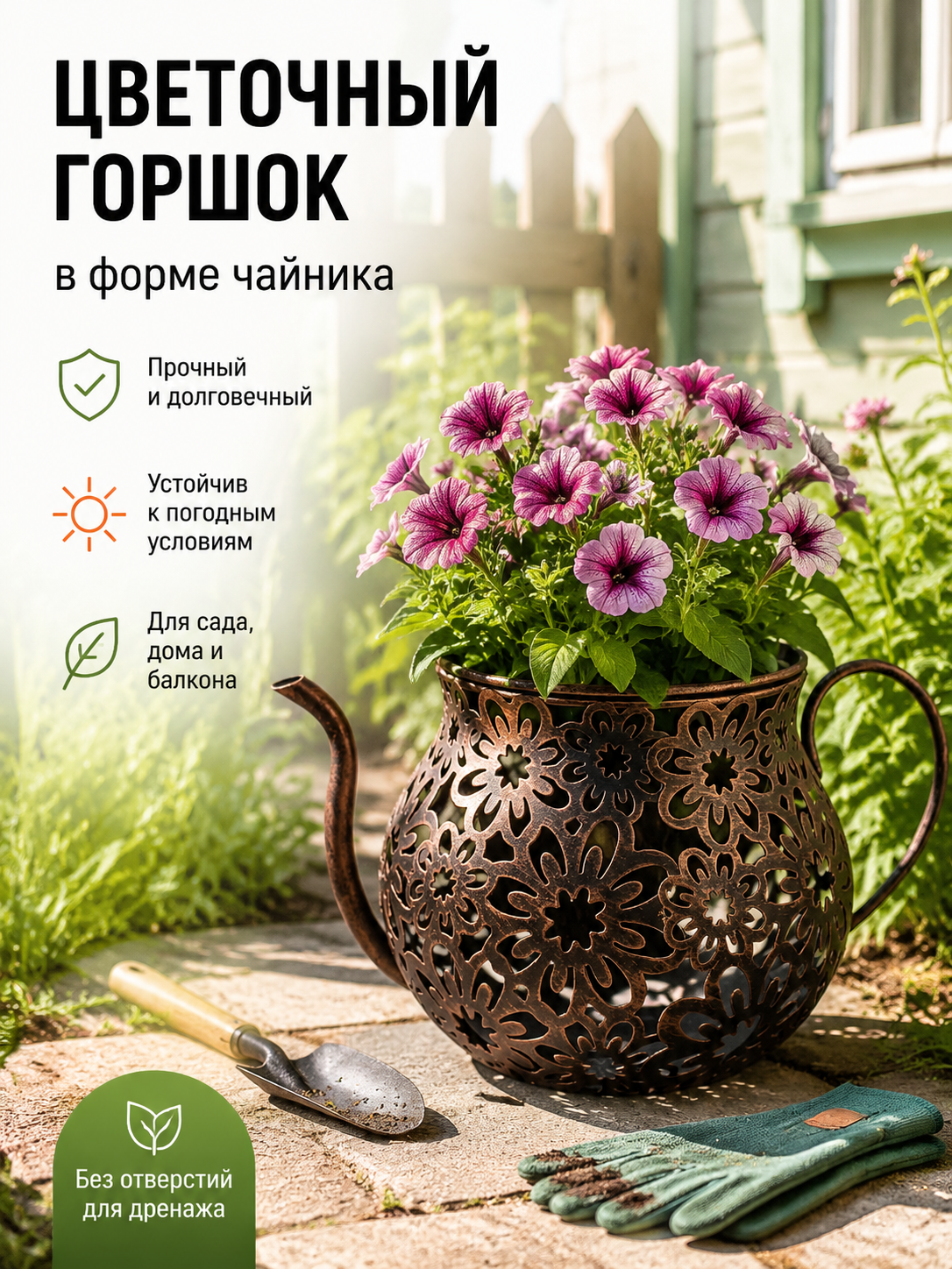 Подвесное кашпо из металла в виде чайника, бронзовый, для сада и балкона