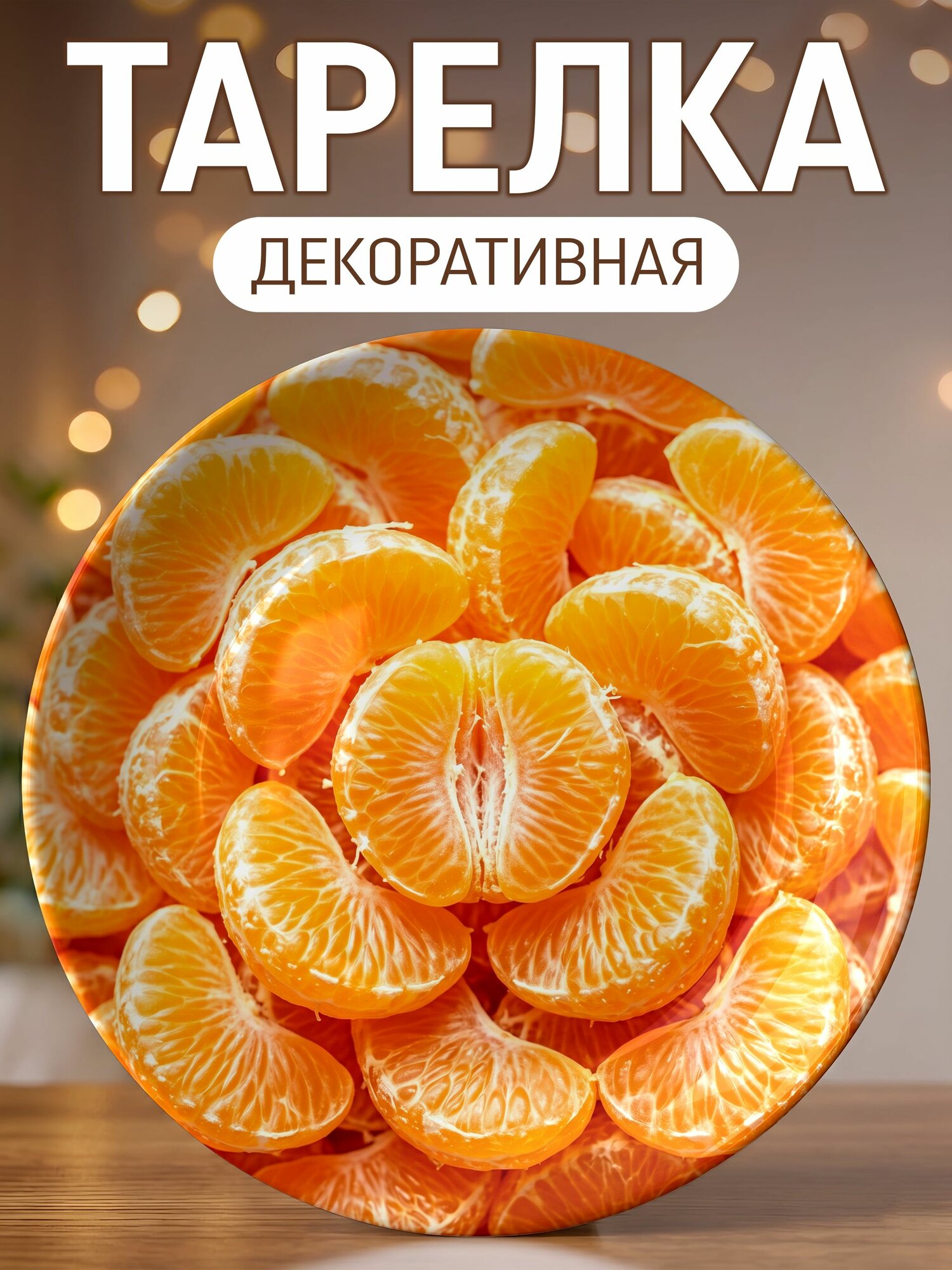 Тарелка декоративная Дольки мандарина, керамика, диаметр 20 см, на подставке, 1 шт.
