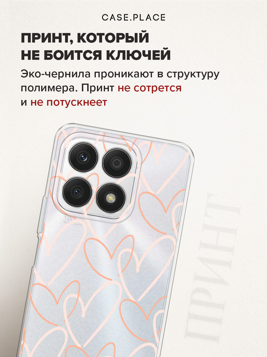 Чехол на Honor X8A / Хонор X8A с принтом "Узор из сердечек", прозрачный — фото 1