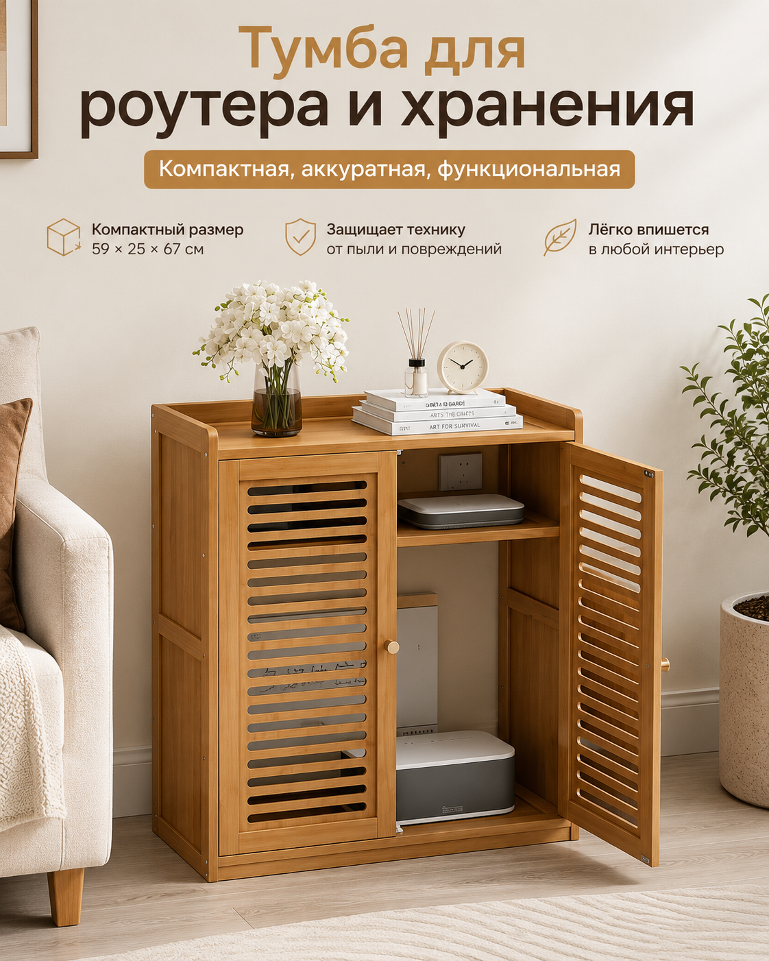 Тумба, с полками, открытая, бамбук, глянцевая, 59 см х 25 см х 67 см