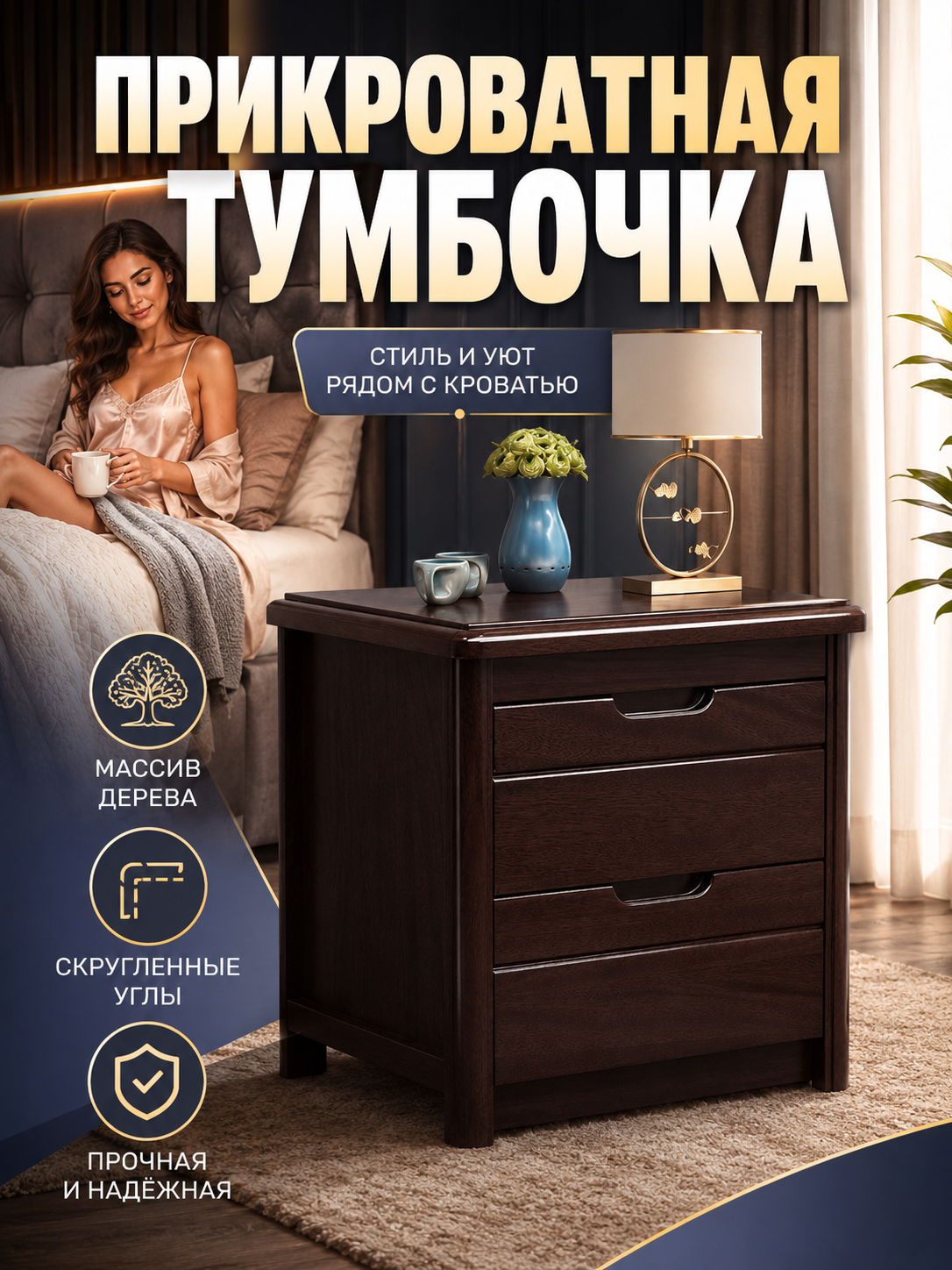 Прикроватная деревянная тумба натурального оттенка с безопасными скруглёнными краями, вместительные ящики позволяют удобно хранить личные вещи и мелкие предметы в спальне