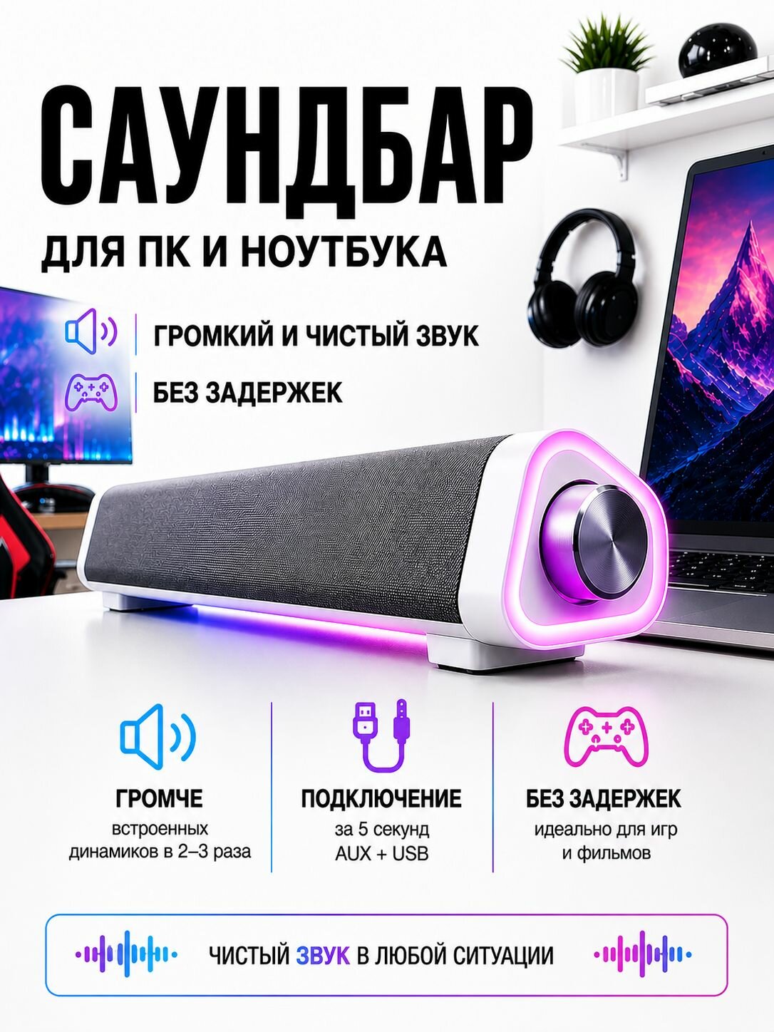 Колонка для компьютера, ноутбука и телевизора проводная, саундбар для ПК с подсветкой, 6 Вт