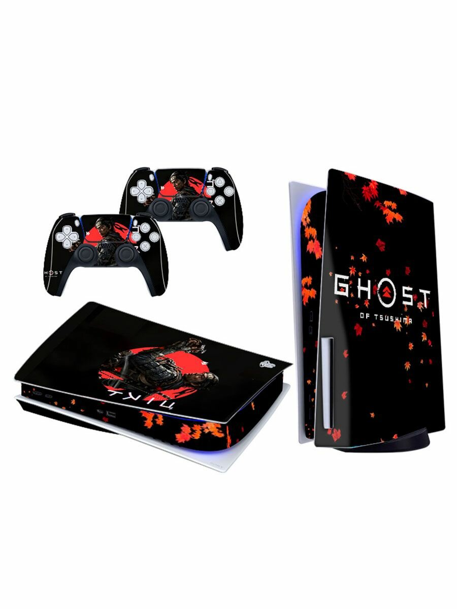 Наклейка виниловая защитная на игровую консоль Sony PlayStation 5 Fat Disc Edition, Ghost of Tsushima, полный комплект с геймпадами