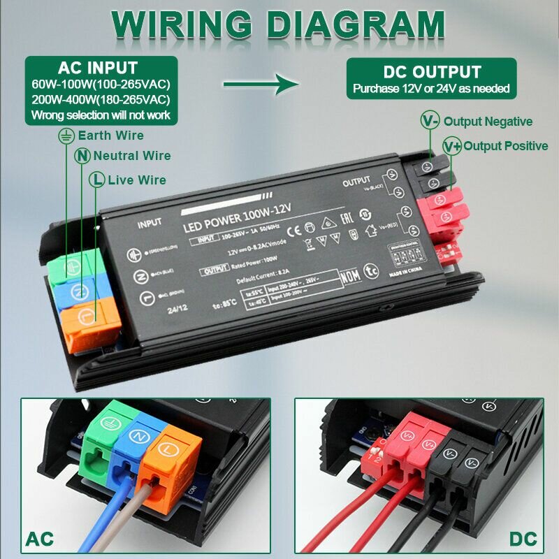 DY-60W-12-HK LED трансформатор для светодиодной ленты, с диммированием 200W 24V IP20, клипсы