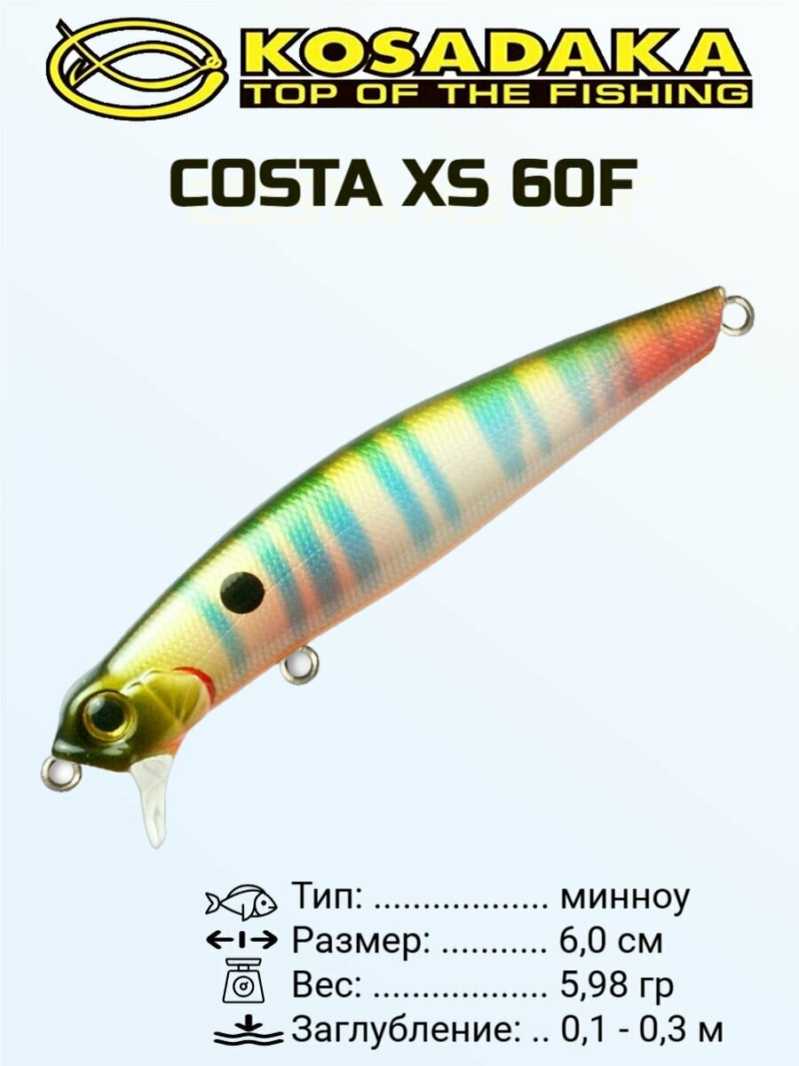 Воблер Kosadaka COSTA XS 60F плав, 60мм, 5.98г, 0.1-0.3м, цв. PNT