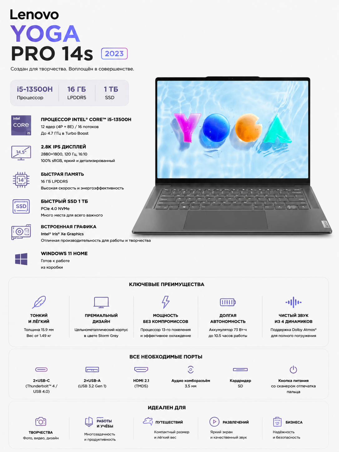 Ноутбук Lenovo YOGA PRO14S, SSD 1Tb, оперативная память 16Gb.