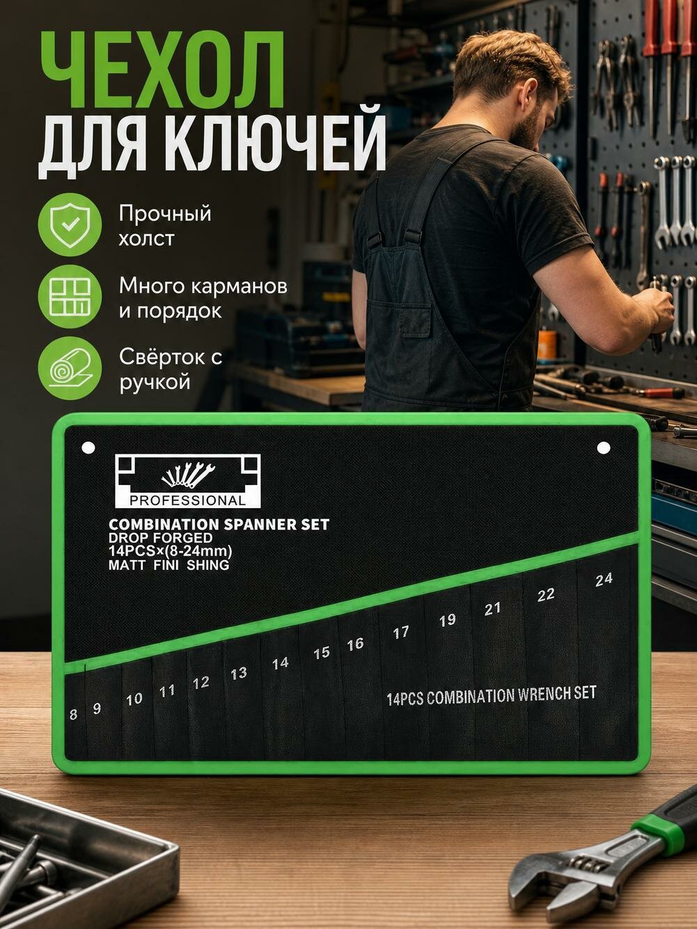 Сумка-органайзер для хранения гаечных ключей с 14 карманами идеально подходит для хранения в гараже и мастерской.