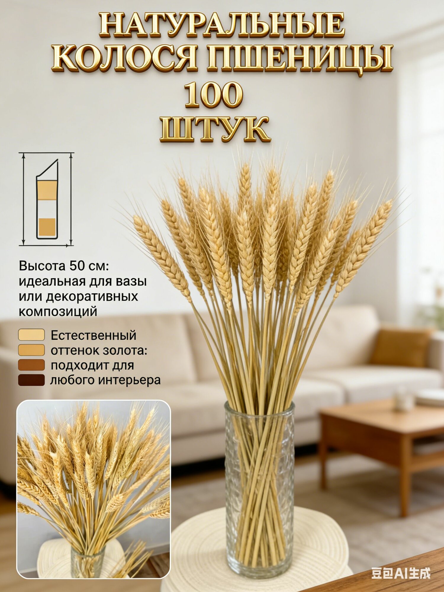 Сухоцветы Пшеница, 50 см, 120 гр, 100 шт