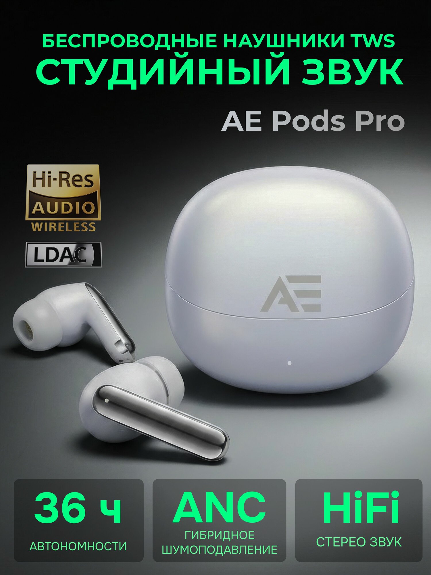 Наушники беспроводные с шумоподавлением AE Pods Pro TWS / ANC / Bluetooth 5.3 / LDAC / Hi-Res / 6 микрофонов / 36ч работы / для телефона iPhone Android