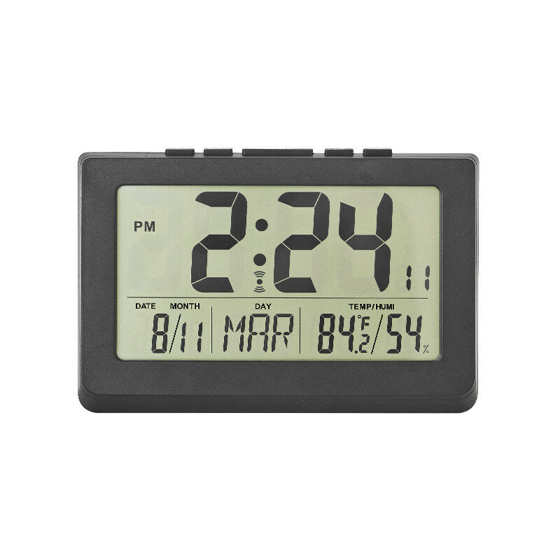 Sleek electronic wall clock with temperature calendar alarm for home office use, black