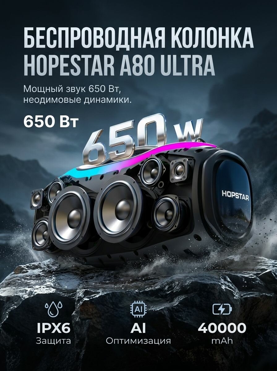 HOPESTAR A80 ULTRA 650W - Беспроводная колонка (AI - интеллектуальная оптимизация звука) для ваших вечеринок и развлечений