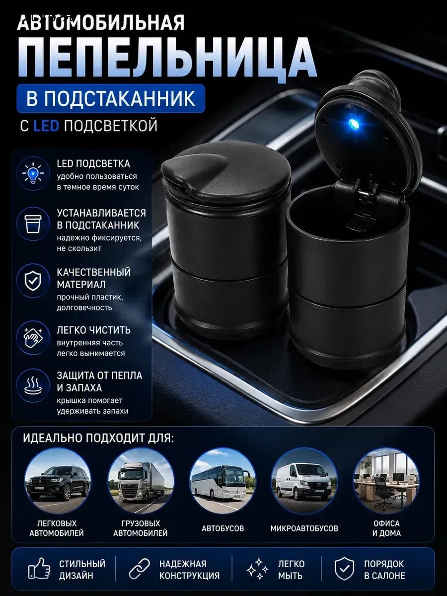 Пепельница авто в подстаканник с LED подсветкой