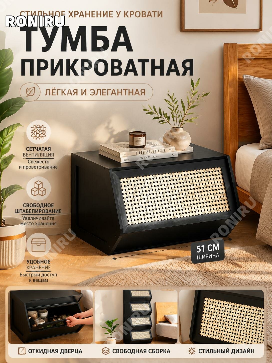 Тумба прикроватная из бамбука, черный шкафчик с сетчатой вентилируемой дверцей для спальни, хранения и свободной стыковки