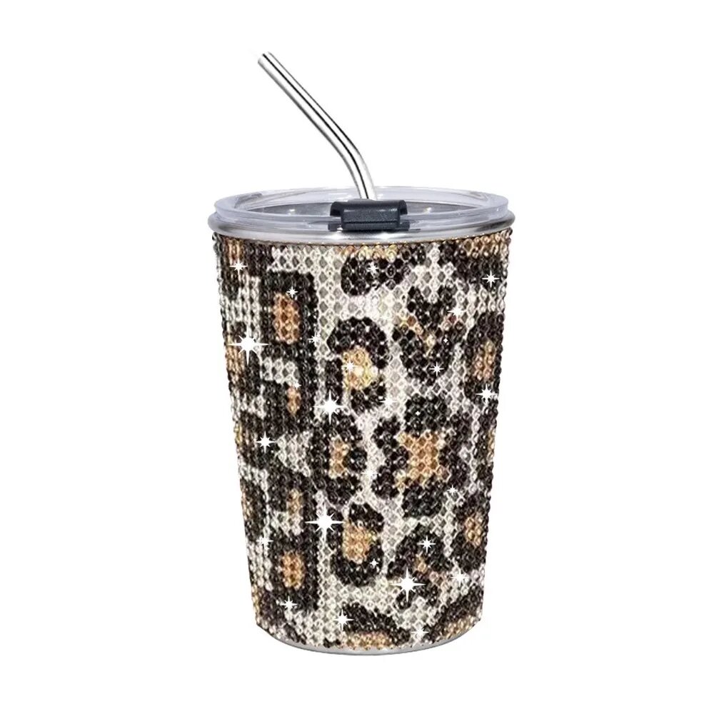 Блестящая кружка из нержавеющей стали Swarovski 500 мл Черный, Коричневый, Leopard Print