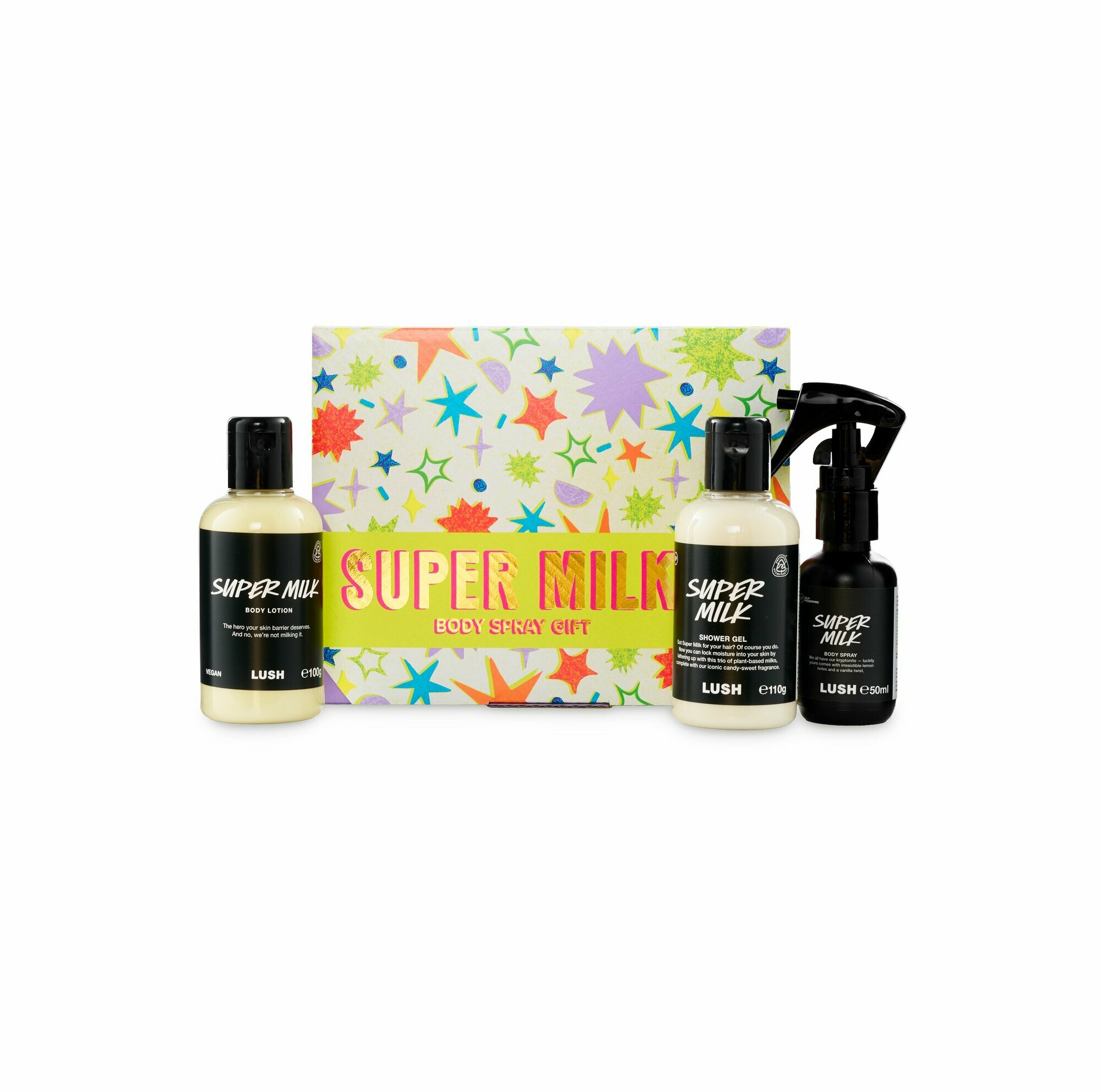 Lush Супер Милк. Подарочный набор для тела. Спрей, лосьон и гель для душа