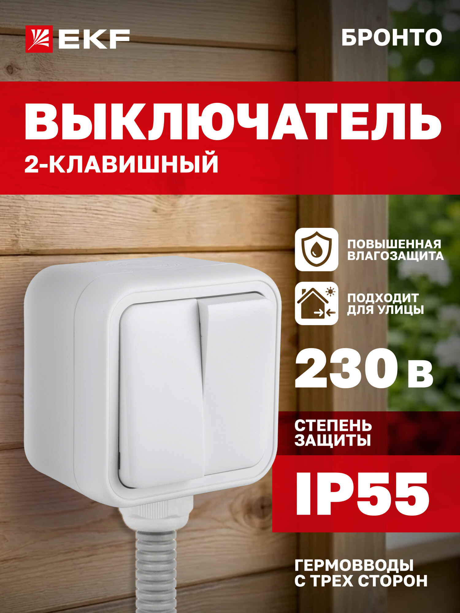 Выключатель EKF двухклавишный накладной уличный влагозащищенный, открытой установки, 10А, IP55, белый Бронто