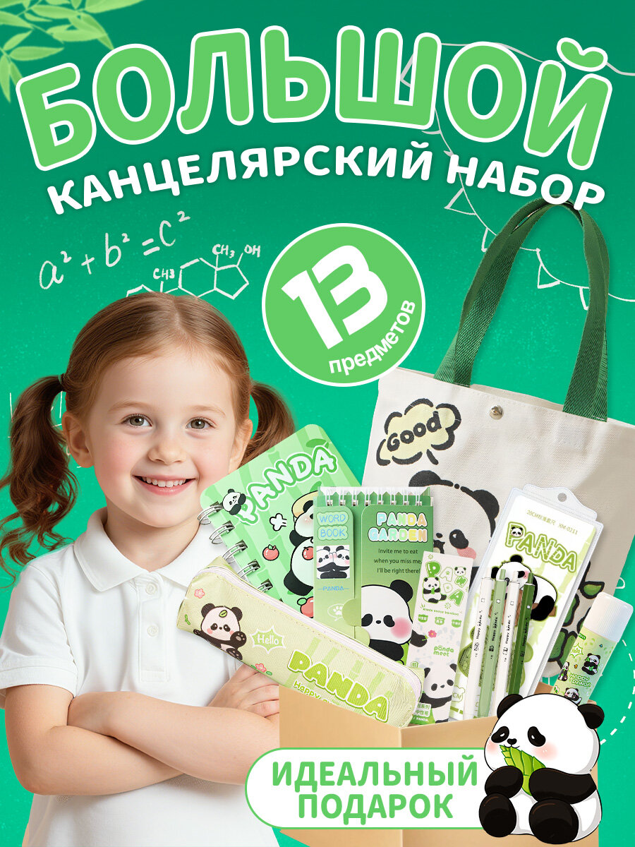 Школьный набор канцелярии Панда, 13 элементов, 670 г, зеленый