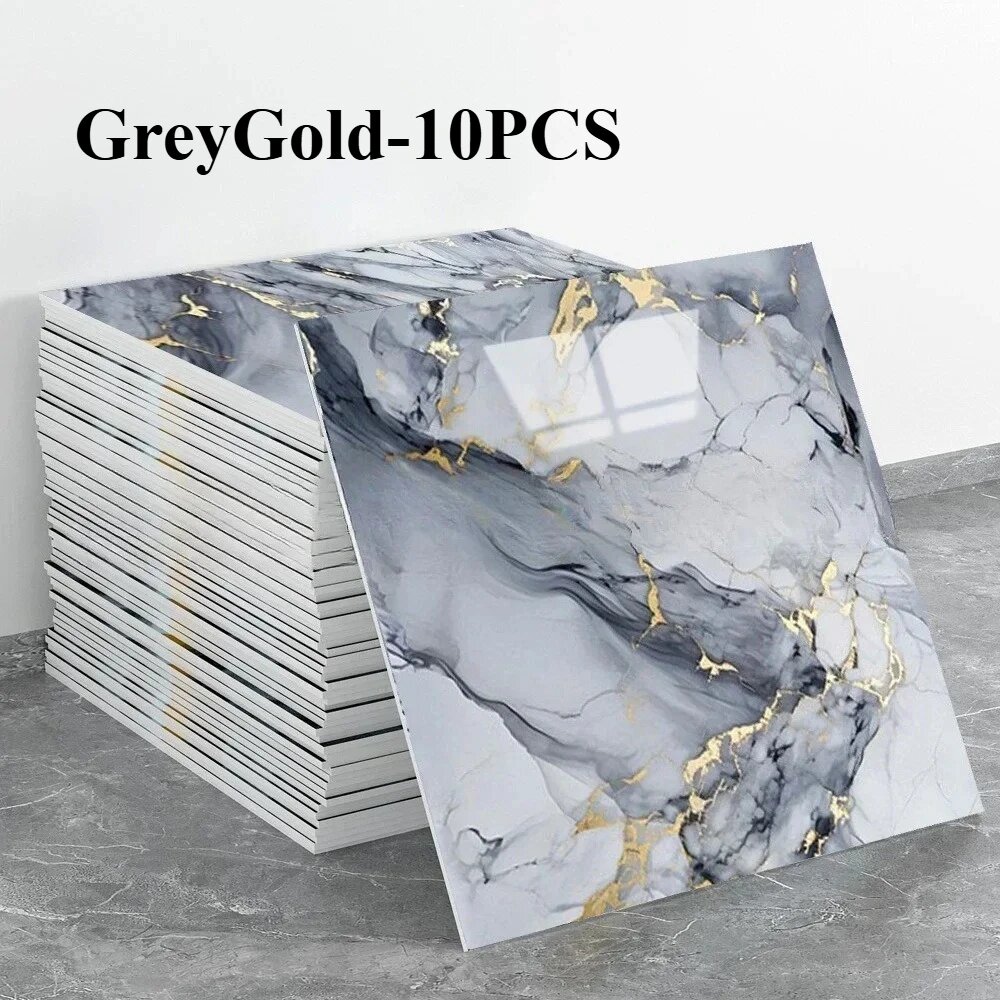 Самоклеящиеся виниловые обои 3D-мрамор, ПВХ, водонепроницаемые Grey Gold-10PCS