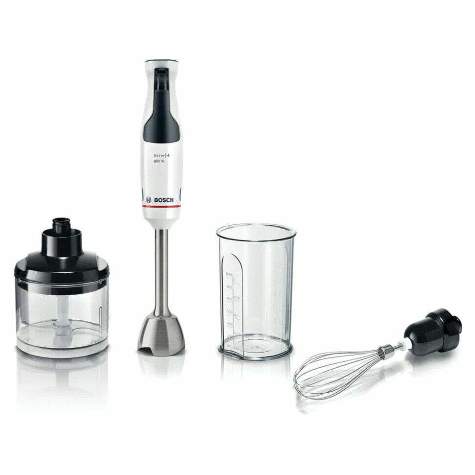 Блендер погружной BOSCH MSM4W421, 800 Вт, 1 скорость, 3 насадки, стакан, белый, 458579