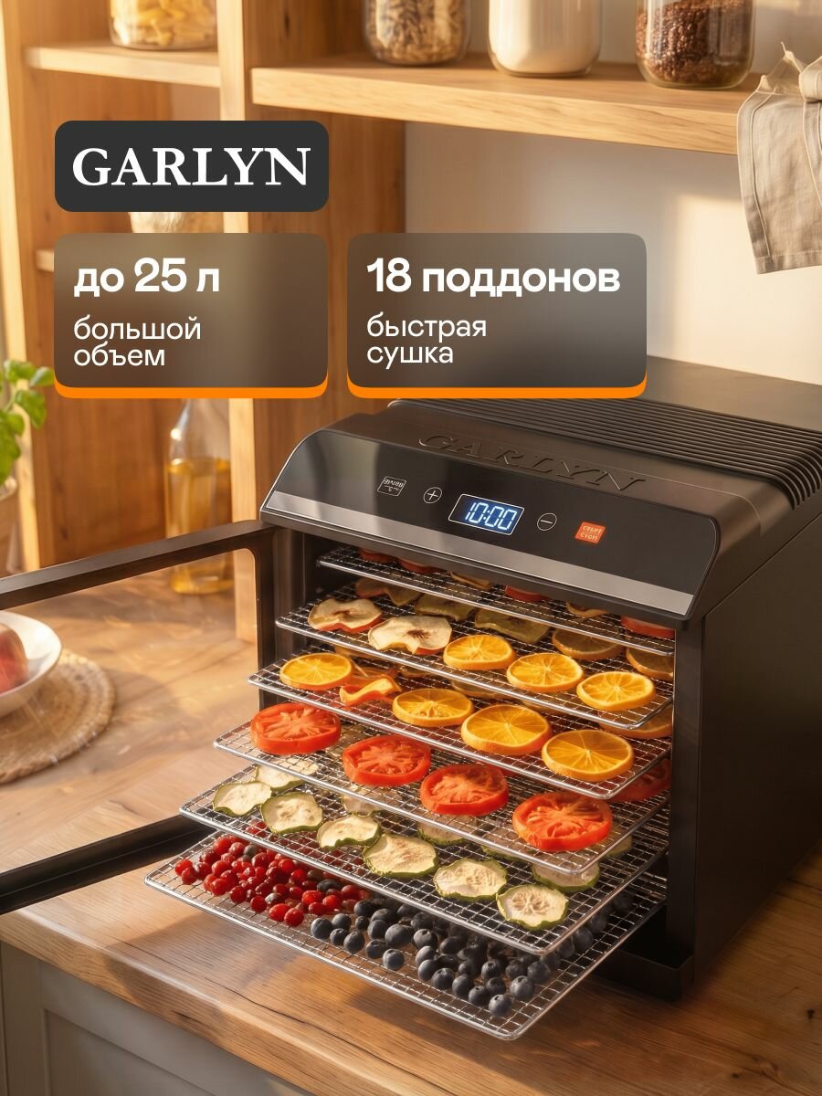Сушилка для овощей и фруктов GARLYN D-06 Pro. Дегидратор электрический с таймером для мяса, рыбы, грибов. 6 уровней, 6 поддонов для пастилы, 6 сеток для сушки трав