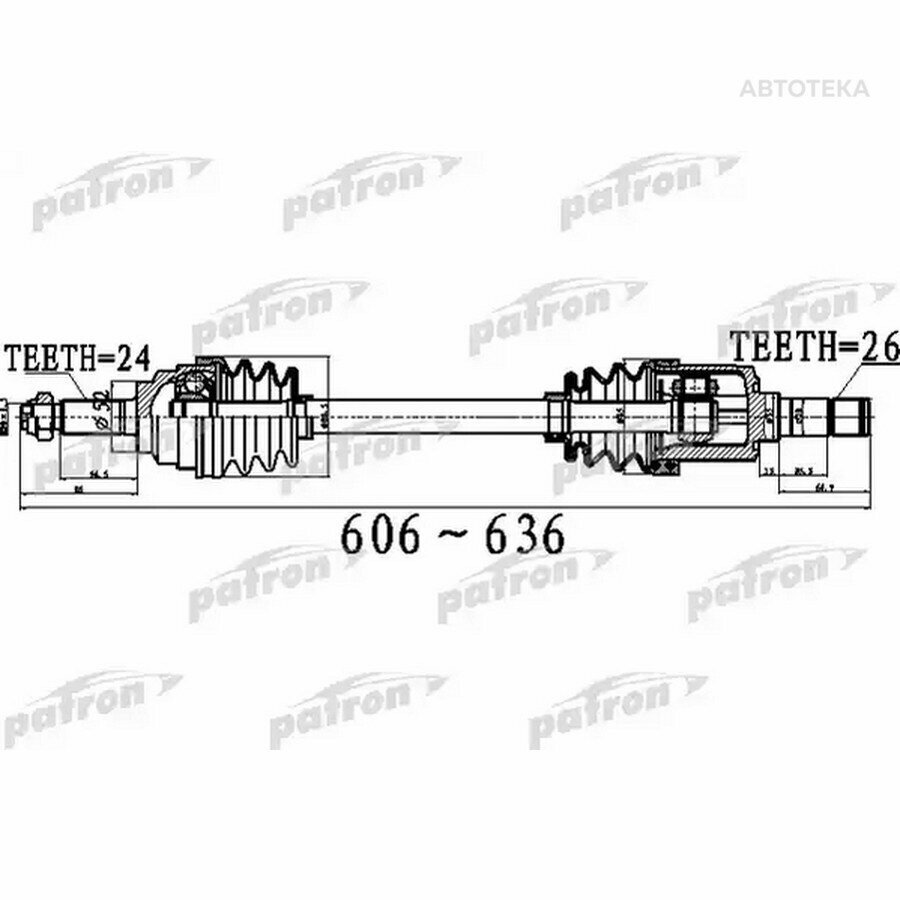 Полуось KIA RIO [FD] 00 - передний мост слева 24X606X52X26 PATRON PDS0516