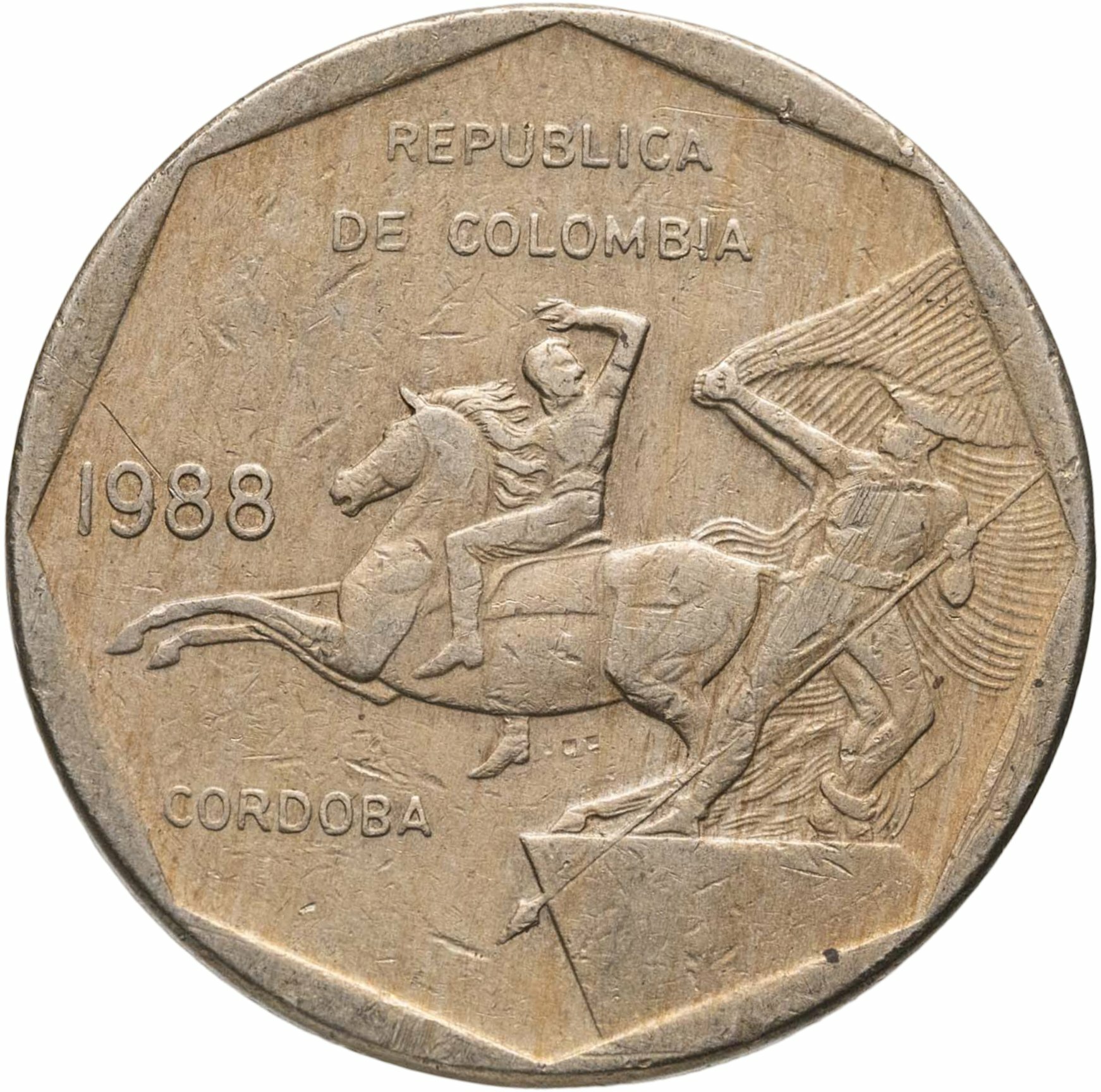Колумбия 10 песо pesos 1988, МНЦ медь-никель-цинк, в сохранности VF