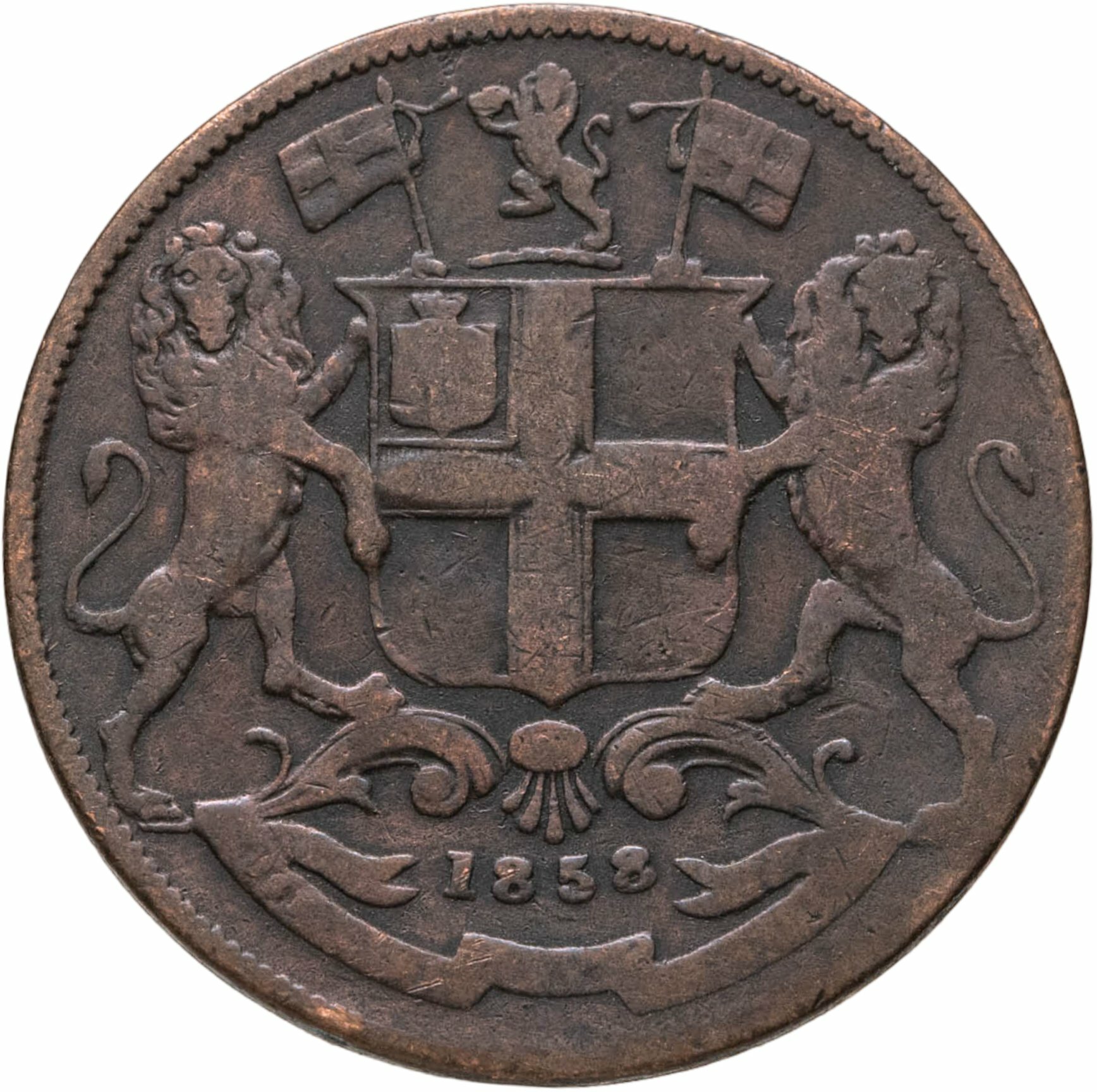 Британская Индия 1/4 анны anna 1858, Медь, в сохранности F-VF
